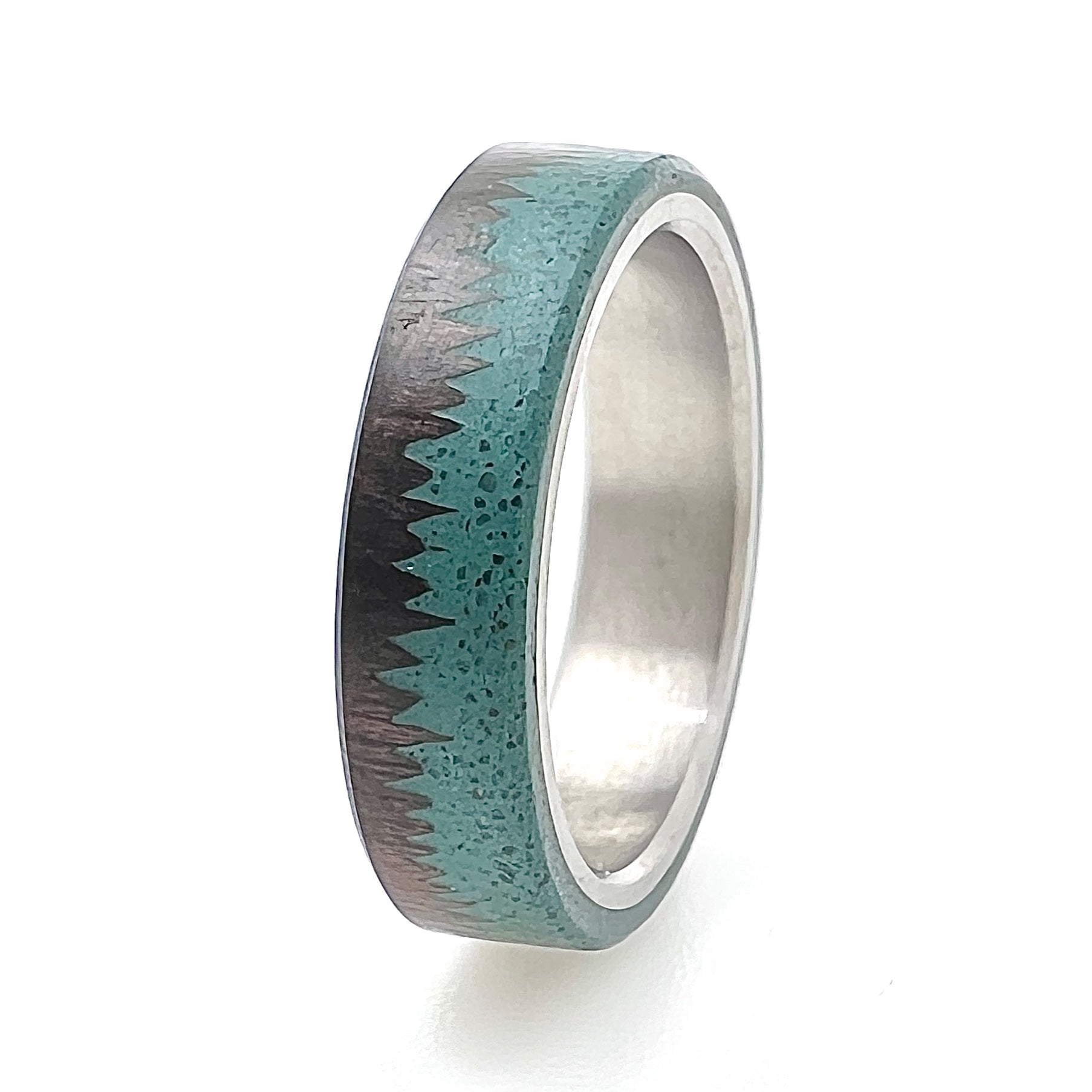 Wooden wedding ring with green inlay and titanium liner
