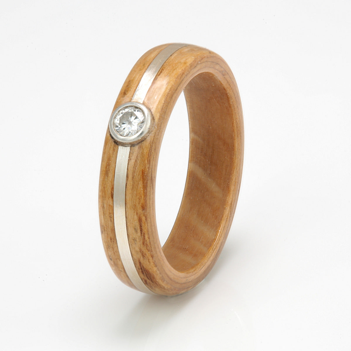 Eco Wood Rings - Oak Wood Ring 4.5mm with Silver & Moissanite