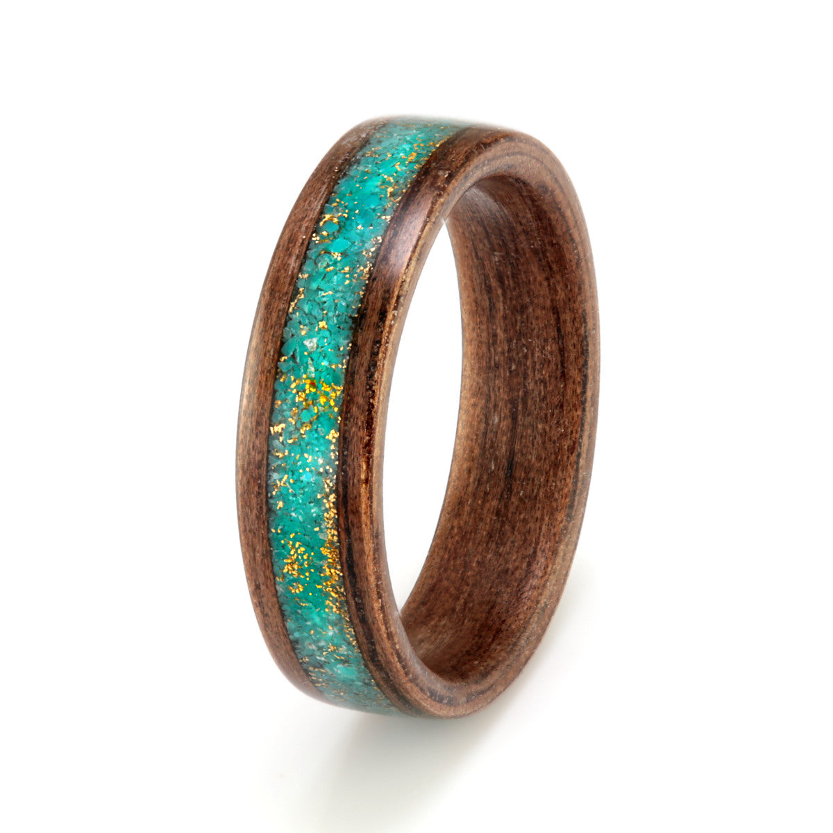 Eco Wood Rings - Walnut Wood Ring 5mm with Turquoise & Gold Shavings